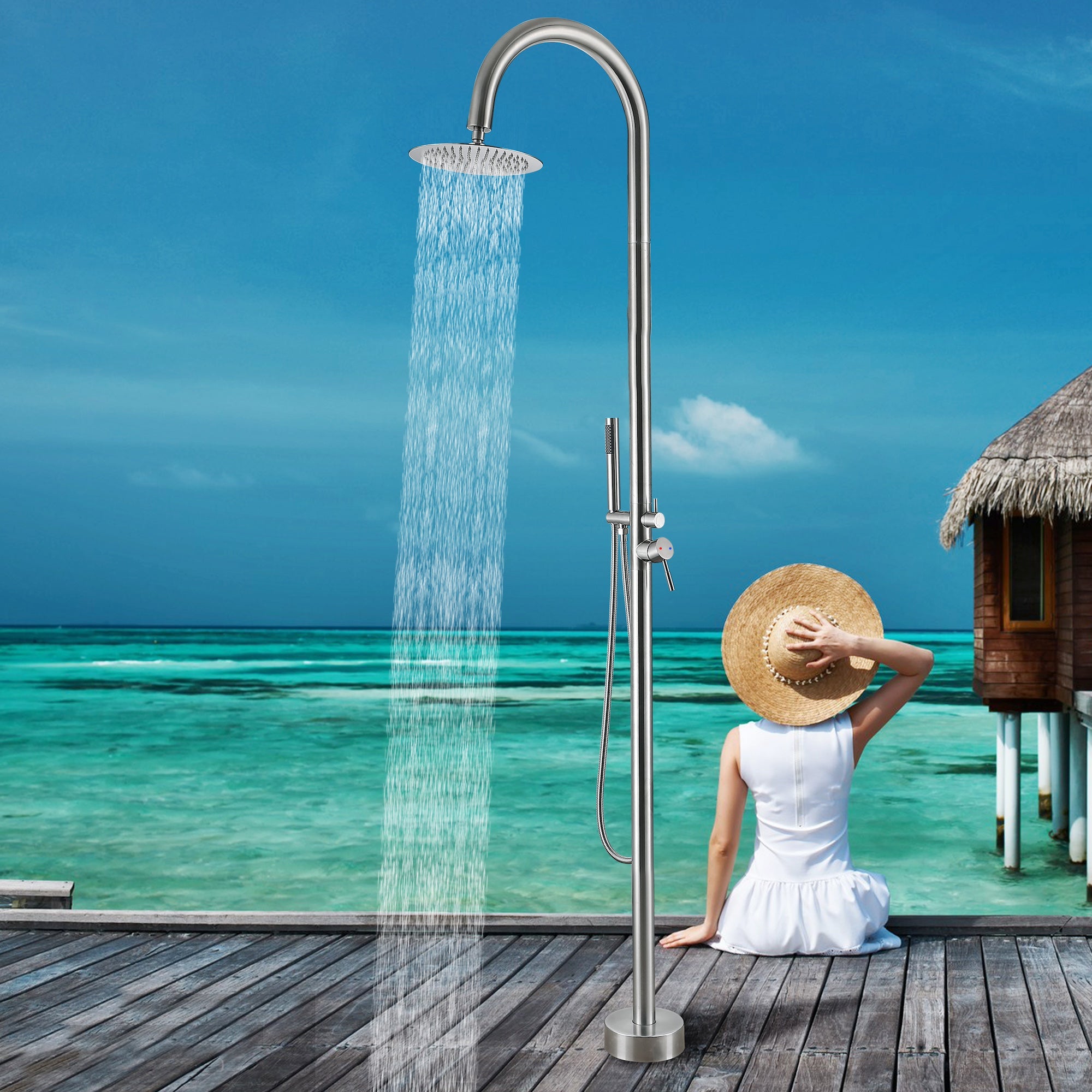 Stainless Steel Freestanding Outdoor Shower with Handheld and Overhead
